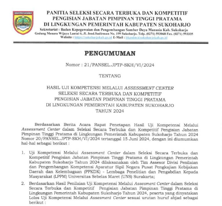 PENGUMUMAN HASIL UJI KOMPETENSI MELALUI ASSESSMENT CENTER SELEKSI ...